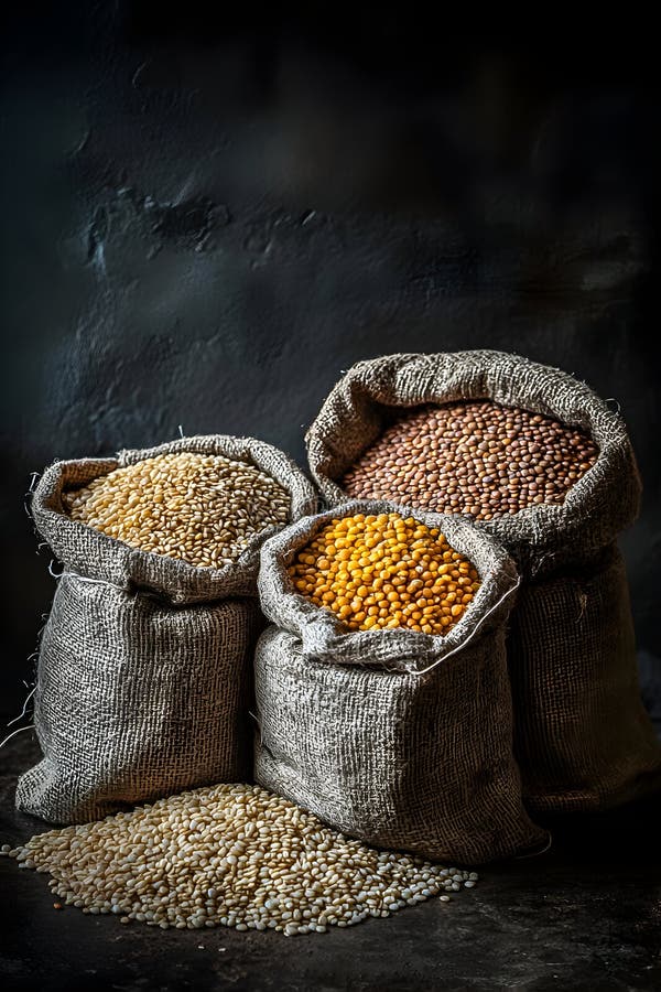 Variety of Dried Legumes in Burlap Sacks Arranged on a Dark Surface for ...