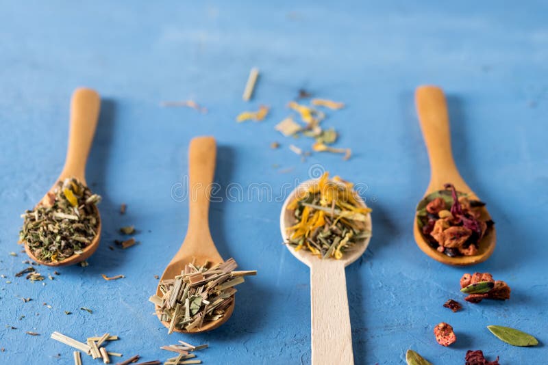 Variety of Dry Tea in Wooden Spoons on Blue Background Horizontal Stock ...