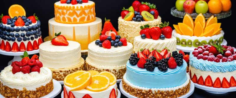 Variety of Elegant Celebration Cakes with Fresh Fruit Decorations Stock ...
