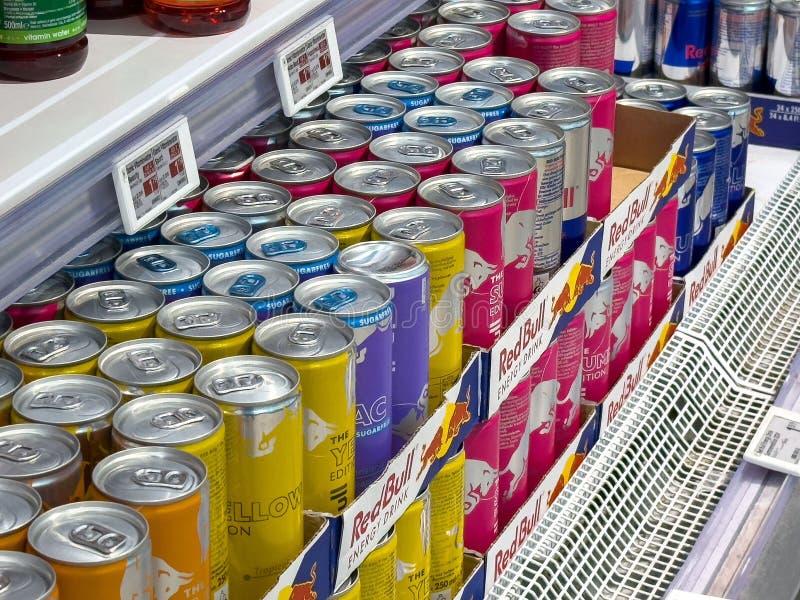 Variety of Energy Drink Cans Displayed on Store Shelf Editorial Stock ...
