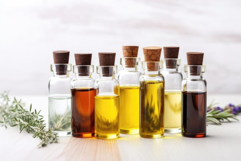 Variety of Essential Oils in Clear Glass Bottles Stock Illustration ...