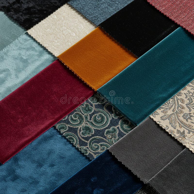 A Variety of Fabric Swatches are Arranged in an Overlapping Pattern. the Fabrics Stock ...