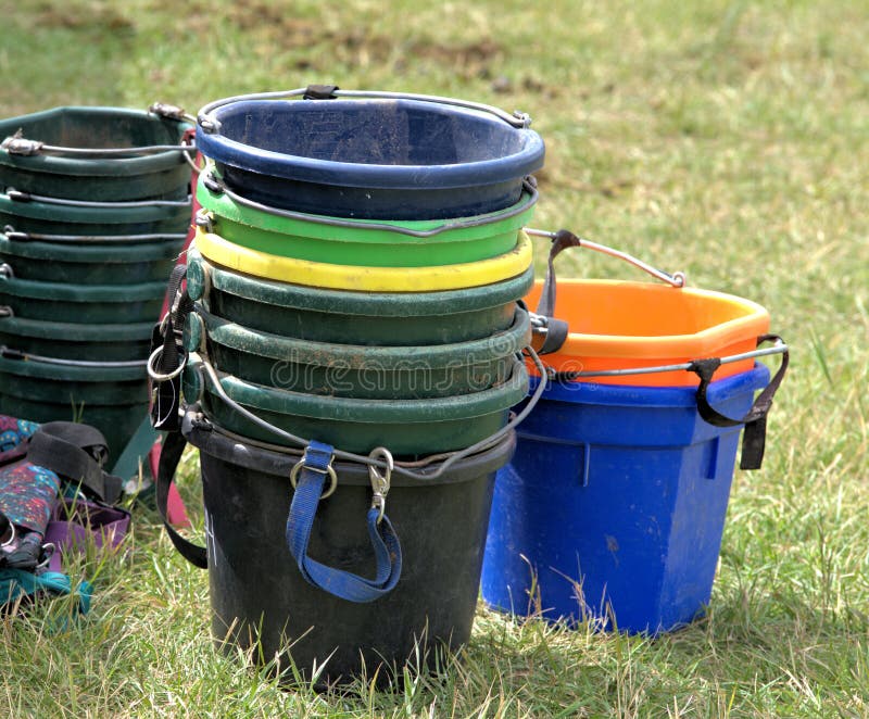 A Variety of Feed and Water Buckets. Stock Photo - Image of feed ...