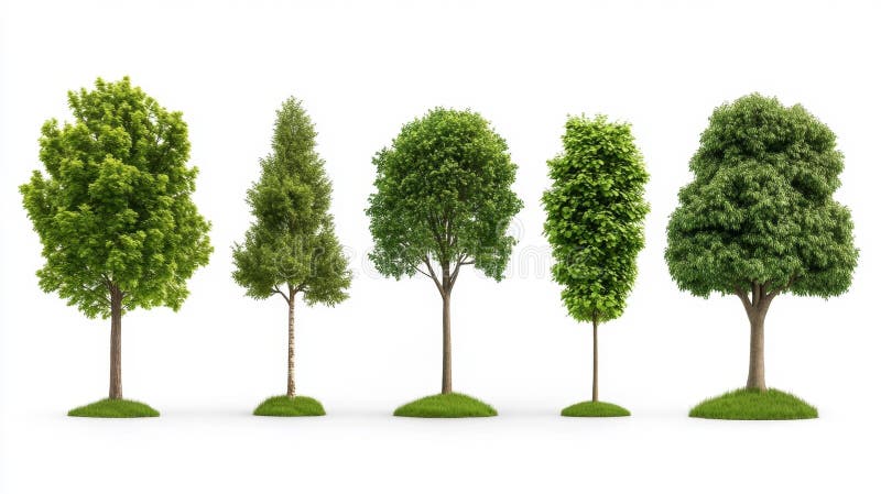 Variety of Five Different Trees Isolated on White Background Stock ...