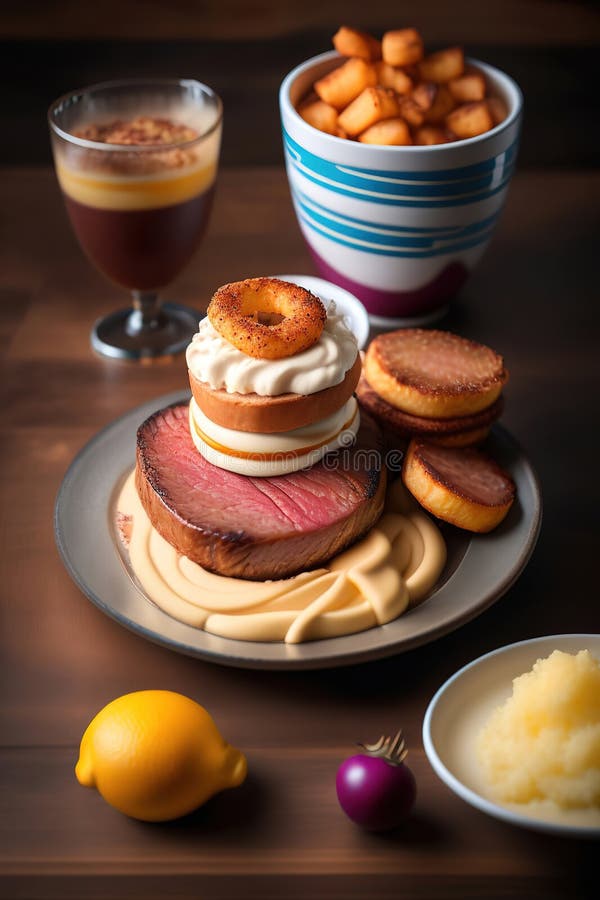 Variety of Food and Drinks on the Table, in Dark Style, Ai Stock ...