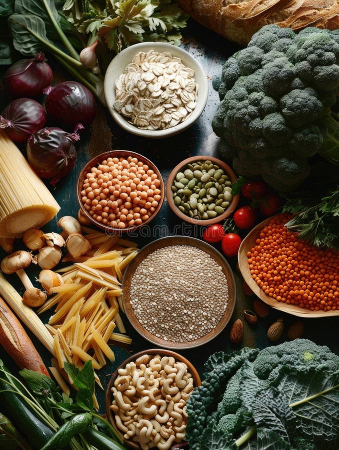 A Variety of Food Items Including Pasta, Beans, Nuts Stock Photo ...