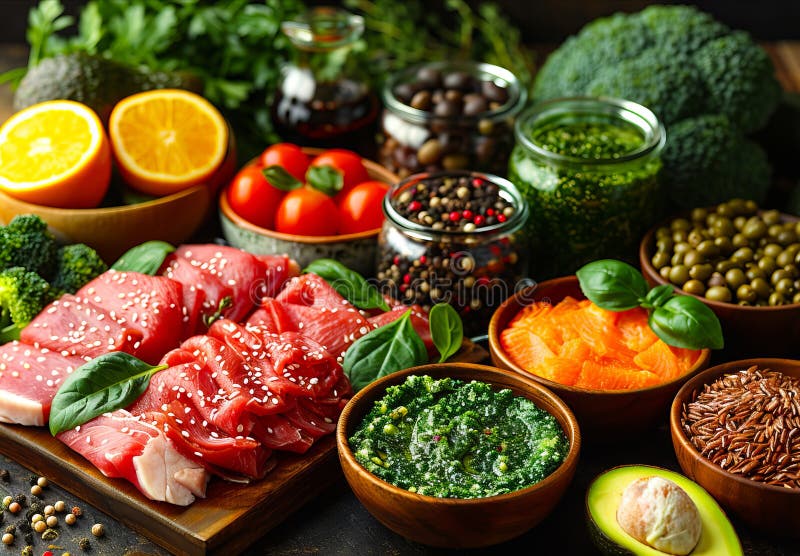 A Variety of Foods Including Meat, Vegetables and Fruit Stock Image ...