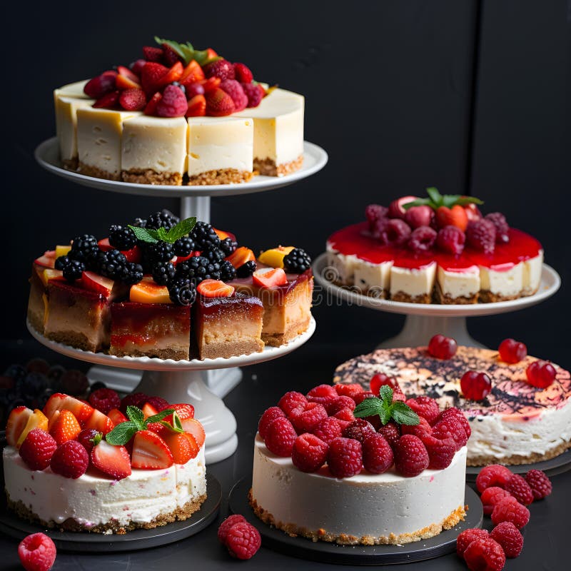 Assorted Cakes Stacked on Table, Topped with Strawberries Stock Photo ...