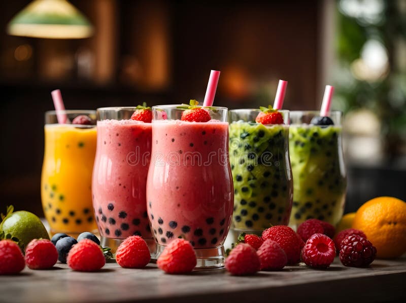 Variety of Fresh Bubble Tea with Fruits Stock Image - Image of boba ...
