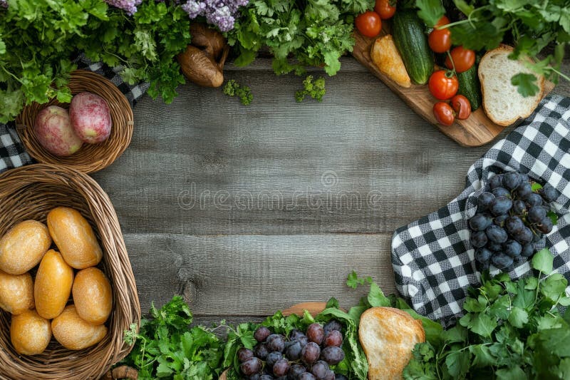 Variety of Fresh Food Creating a Frame with Negative Space on a Rustic ...