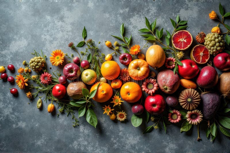 Variety Fresh Fruits Flowers Arranged Textured Surface Stock Photos ...