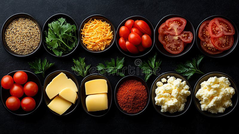 Variety of Fresh Ingredients Arranged in Small Bowls on a Dark Surface ...