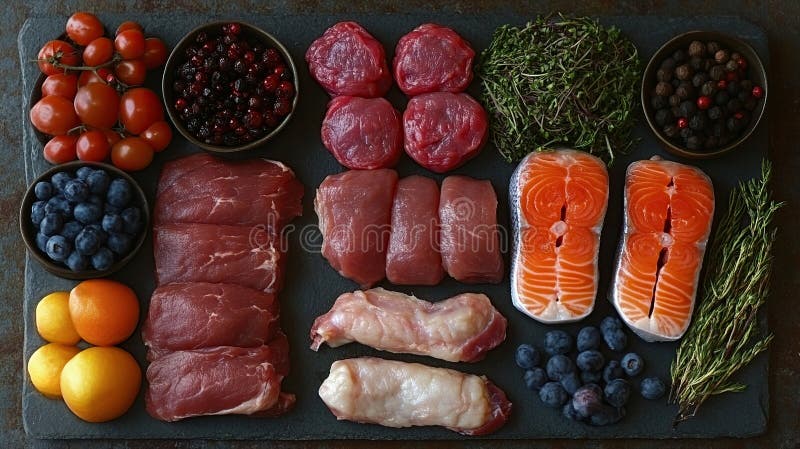 Variety of Fresh Meats and Fish with Assorted Fruits and Berries Stock ...