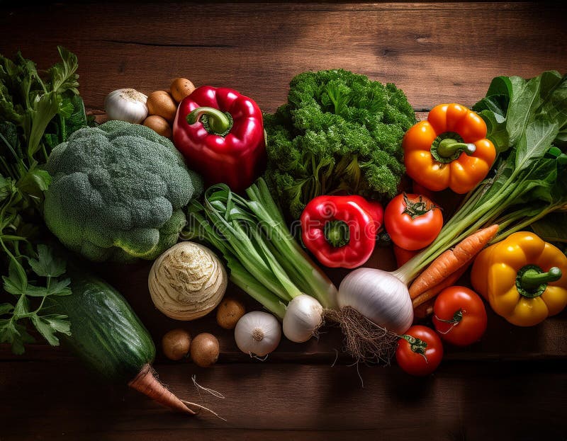 A Variety of Fresh Organic Vegetables Spread Out on a Wooden Table ...