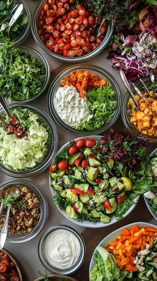 Fresh Salads, Overhead Flat Lay Shot of an Assortment. Variety of ...