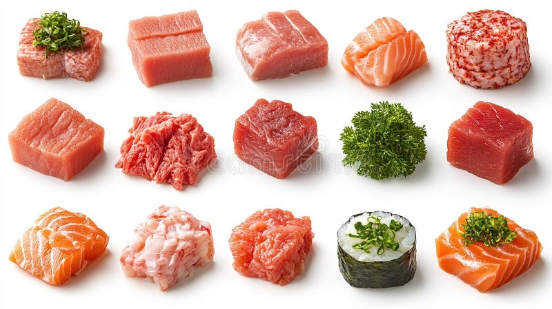 Variety of Fresh Sushi-grade Fish Cuts, Including Tuna, Salmon, and ...