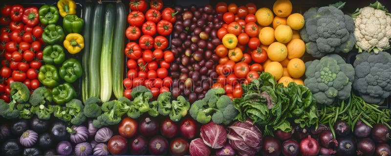 Variety of Fresh Vegetables and Fruits Neatly Arranged in Rows Stock ...