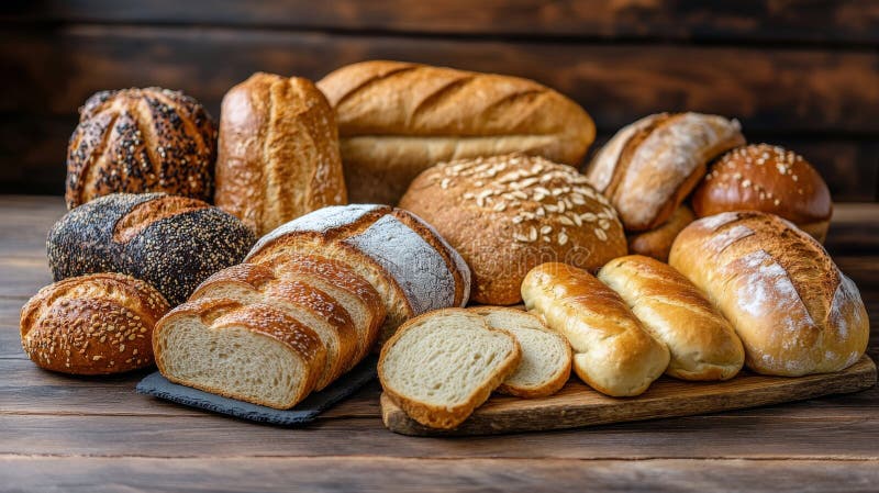 Variety of Freshly Baked Bread Arranged on a Wooden Surface in a ...