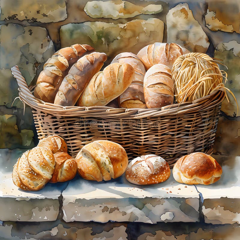 Assorted Fresh Bread in Wicker Basket on Rustic Stone Background Stock ...