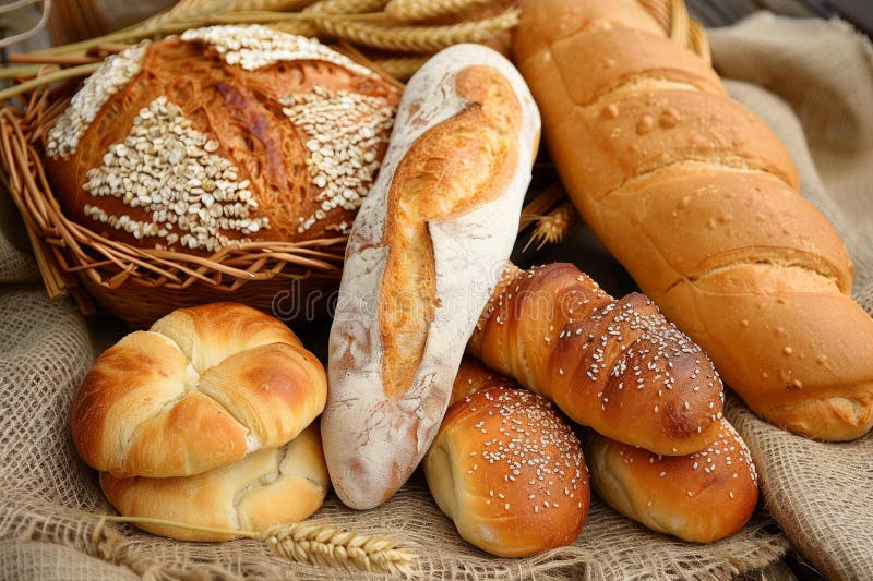 Variety of Freshly Baked Breads Lying on Rustic Burlap Sack Stock Photo ...
