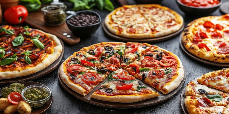Variety of Freshly Baked Pizzas with Different Toppings in Restaurant ...