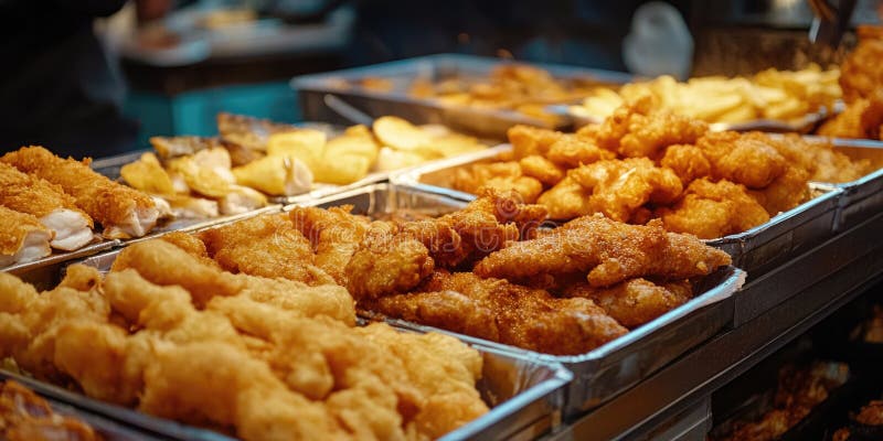 Variety of Fried Foods, Including Chicken and Fish, are Displayed in ...