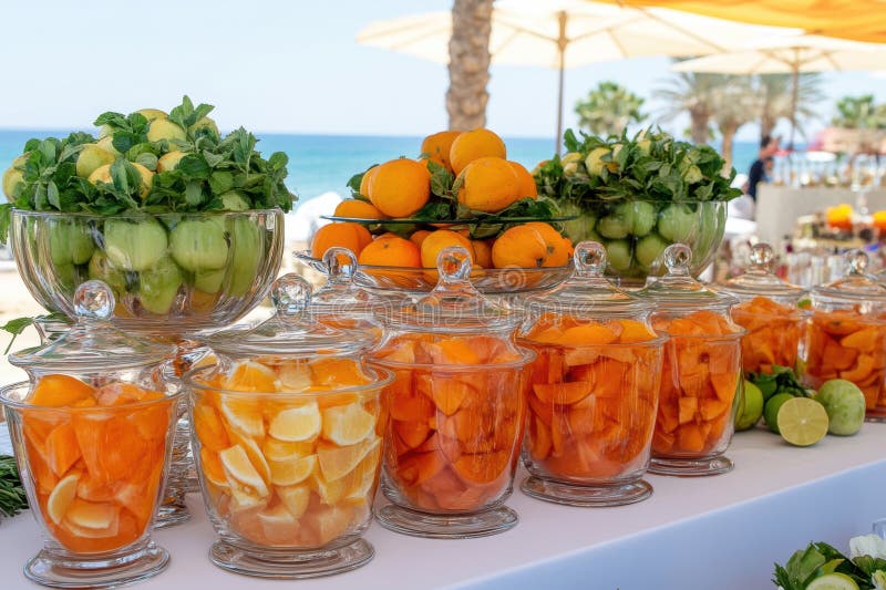 Variety Fruits Displayed Glass Containers Table Stock Photos - Free ...