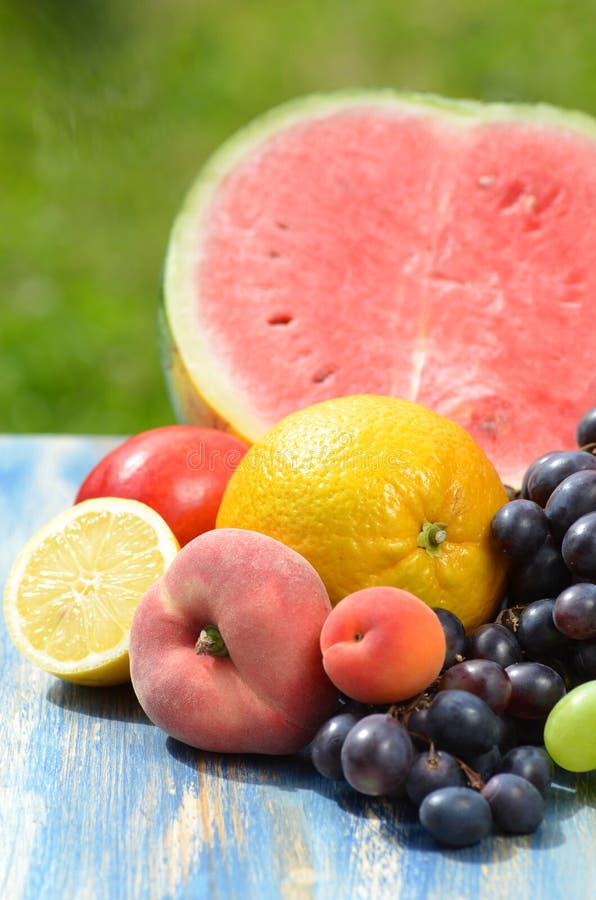 Variety of Fruits on Table in the Garden Stock Photo - Image of outdoor ...