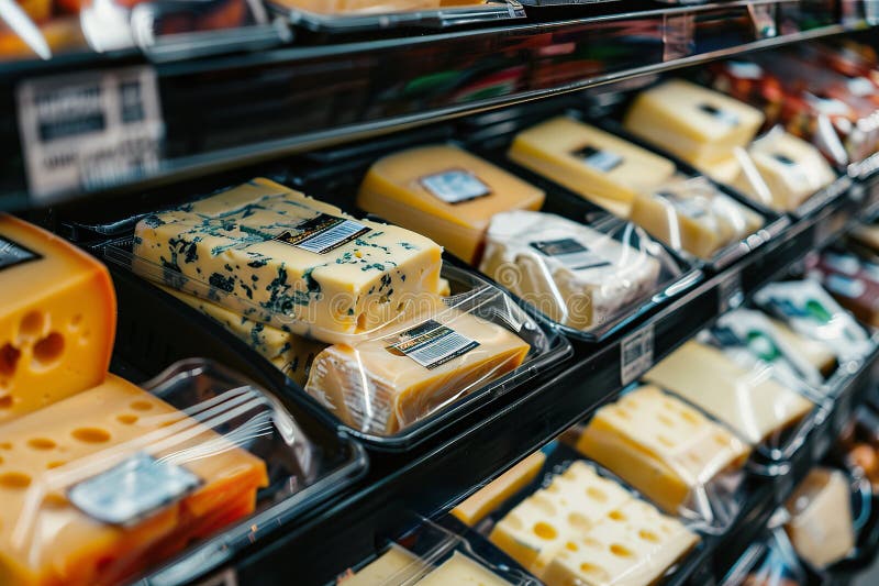 Variety of Gourmet Cheeses on Grocery Store Shelf Stock Photo - Image ...
