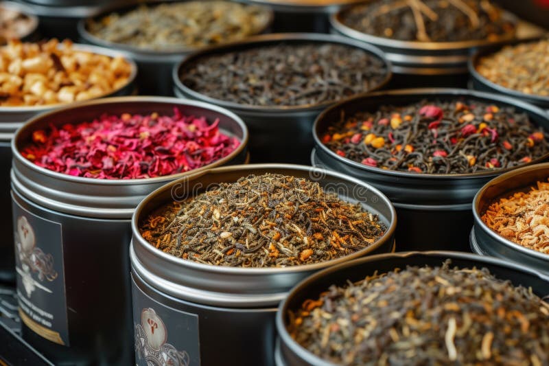 Variety of Gourmet Loose Tea Blends in Circular Containers Stock ...