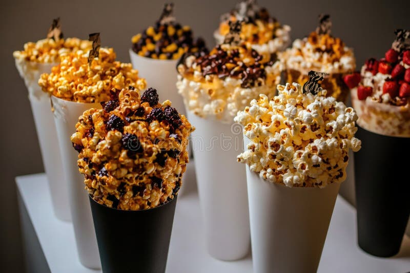 Variety of Gourmet Popcorn in Decorative Cones with Toppings Stock ...