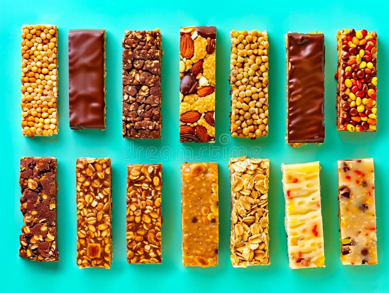 A Variety of Granola Bars on a Blue Background Stock Photo - Image of ...