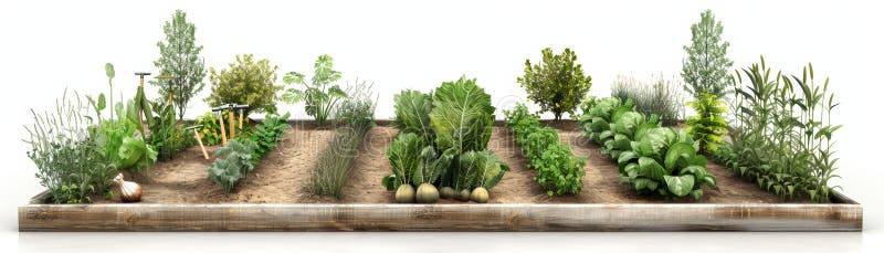 Variety of Green Plants in Rows in a Wooden Planter Stock Illustration ...