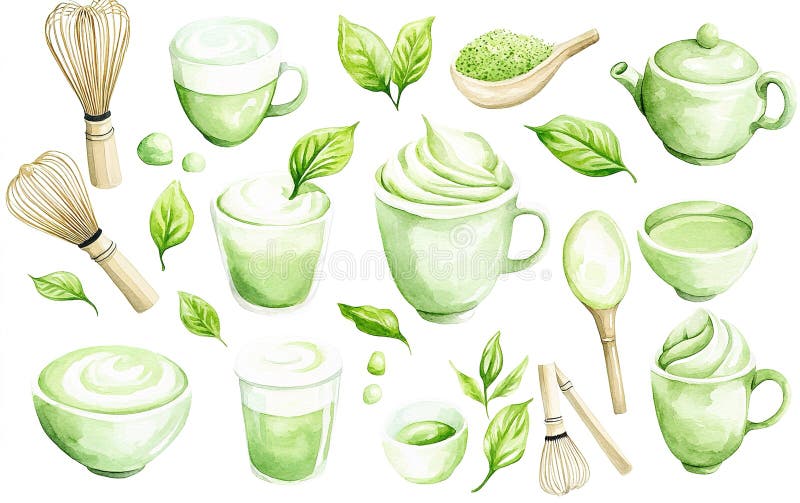 A Variety of Green Tea-inspired Elements Showcasing Cups, Froth, and ...