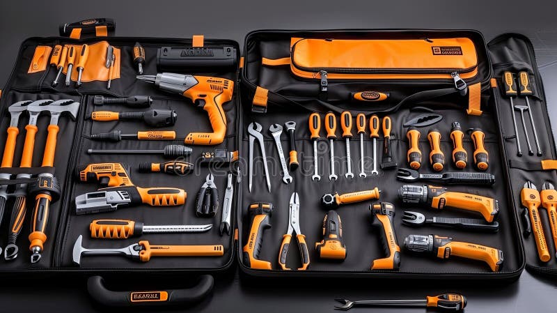 A Variety of Hand and Power Tools Organized Neatly in a Black and ...