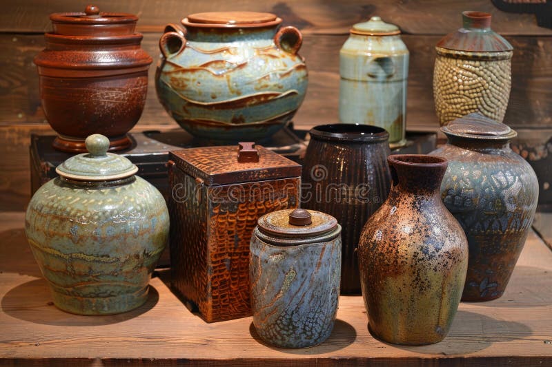 Assorted Ceramic Pottery Collection on Wooden Shelf Stock Photo - Image ...