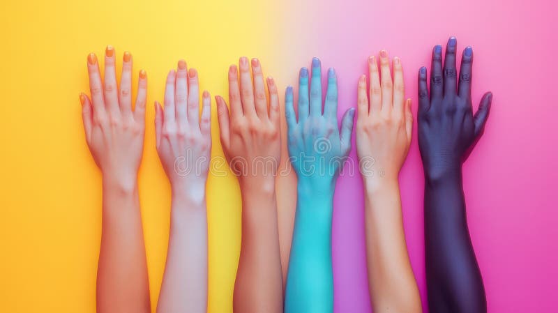 Hands of Different Skin Tones Displayed on a Colorful Background Stock ...