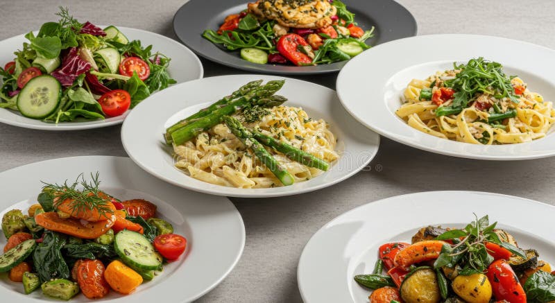 Variety of Healthy Dishes on White Plates Stock Illustration ...