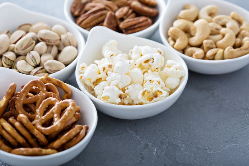 Variety of Healthy Snacks in White Bowls Stock Photo - Image of mixed ...
