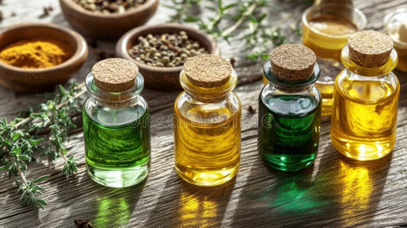 Variety of Herbal Essential Oils in Glass Bottles on Wooden Surface ...