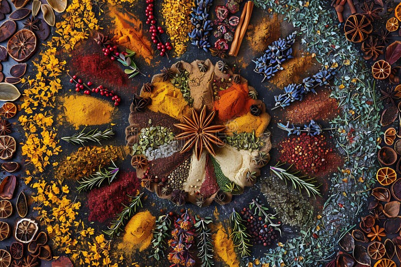 A Variety of Herbs and Spices Create a Symmetrical Pattern on a Table ...