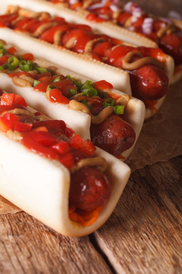 A Variety of Hot Dogs on a Table Macro. Vertical Stock Image - Image of ...