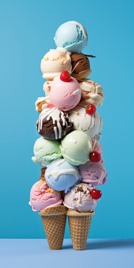 Variety of Ice Cream Balls Flavor. Stacked Ice Cream Balls with Cone on ...
