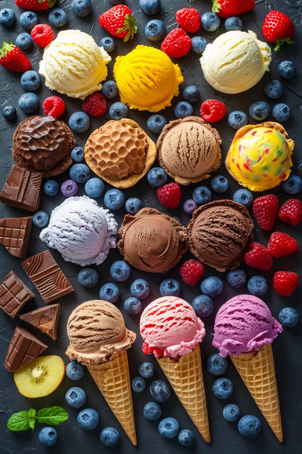 A Variety of Ice Cream Cones Filled with Different Flavors of Ice Creams Stock Illustration ...