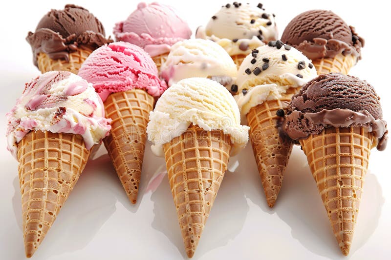 Variety of Ice Cream Scoops in Cones with Chocolate, Vanilla and ...