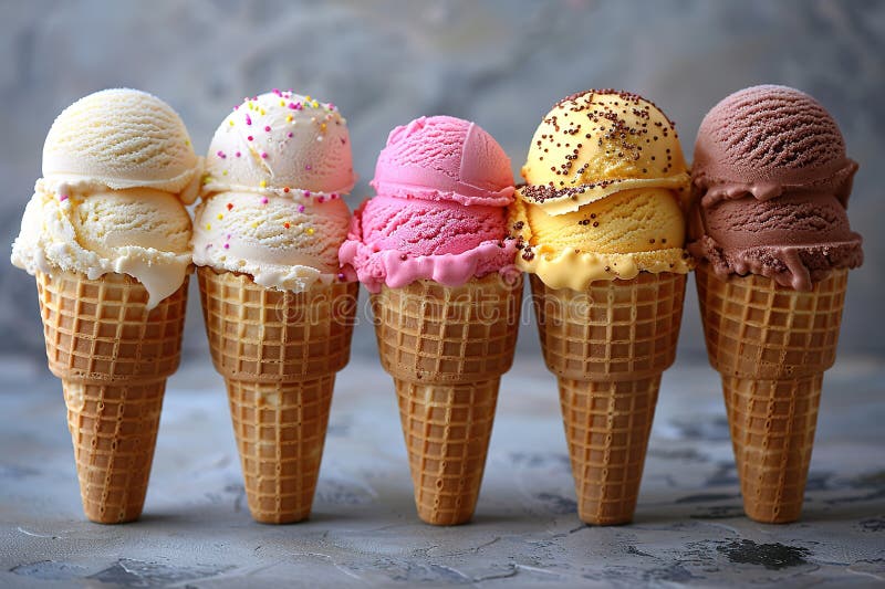 Variety of Ice Cream Scoops in Cones with Chocolate, Vanilla and ...