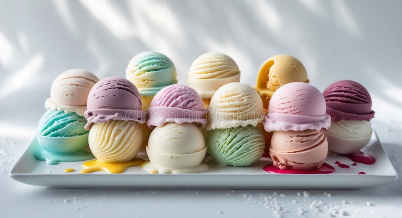 Variety of Ice Cream Scoops on Rectangular White Plate Stock Image ...