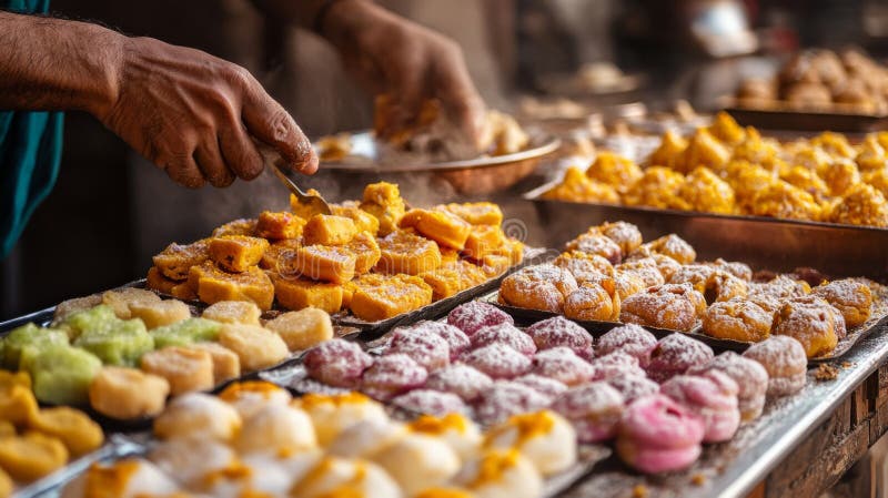 A Variety of Indian Sweets and Desserts on Display Stock Illustration ...