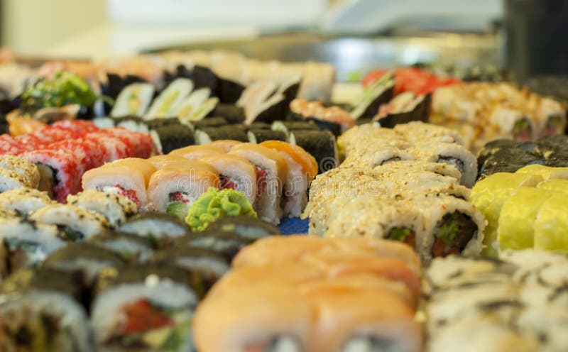 Variety of Japanese Sushi Rolls on the Table Stock Image - Image of ...