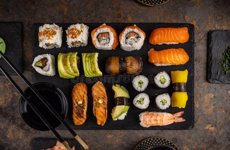 Variety of Japanese sushi stock photo. Image of chopsticks - 261404094